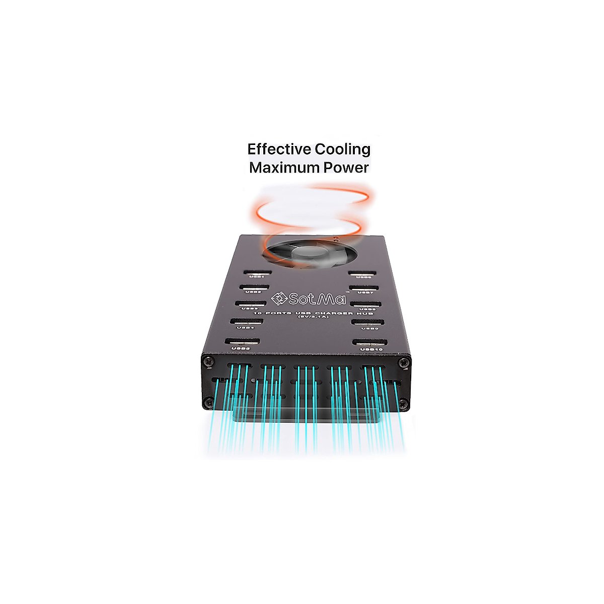 Premium Design USB 2.0 Hub - Multi-Safety Protection 10-Port Powered USB Hub 2.0 with AC Adapter - USB Splitter with Cooling Fan and Mounting Brackets - Aluminum Charging Hub for Multiple Devices