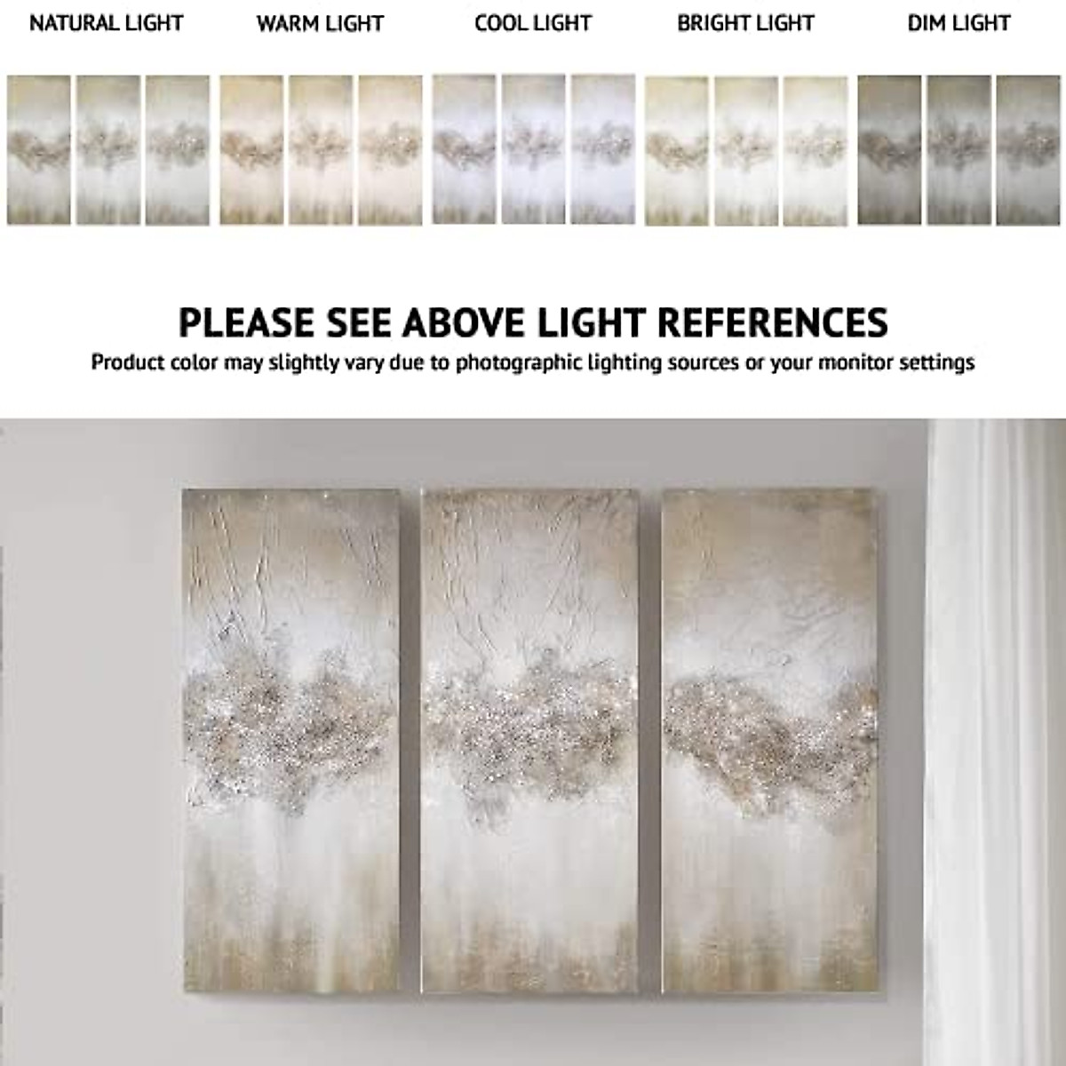 Madison Park Wall Art Living Room Décor - Embellished Hand Painted Canvas, Home Accent Glitter Abstract Bathroom Decoration Ready to Hang Painting for Bedroom, 15" W x 35" H x 1.5" D, Taupe 3 Piece