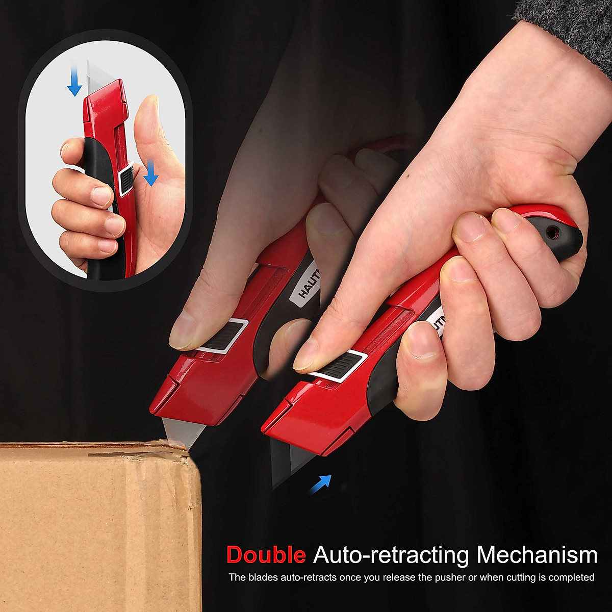 HAUTMEC High Safety Utility Knife With Double Self-Retraction Mechnism, Automatic Blade Retraction After Cuts & Self-retraction by Release Push Button, Self-retracting Box Cutter HT0195-KN