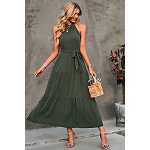PRETTYGARDEN Women's Summer Maxi Sun Dress Sleeveless Halter Neck Flowy Ruffle Hem Long Boho Dresses with Belt (Solid Army Green,Medium)