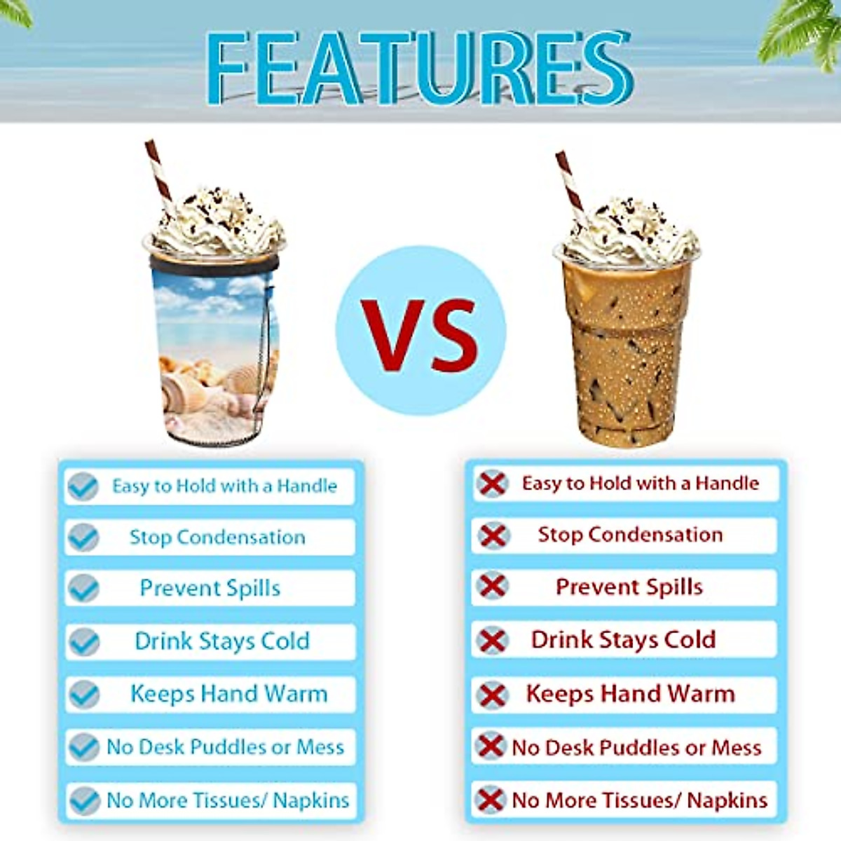 Beach Starfish Seashell Reusable Iced Coffee Cup Sleeve with Handle Neoprene Ice Coffee Cup Sleeve Small 18-20 oz Insulator Drink Holde for Coffee Cups Water Beverages Bottle