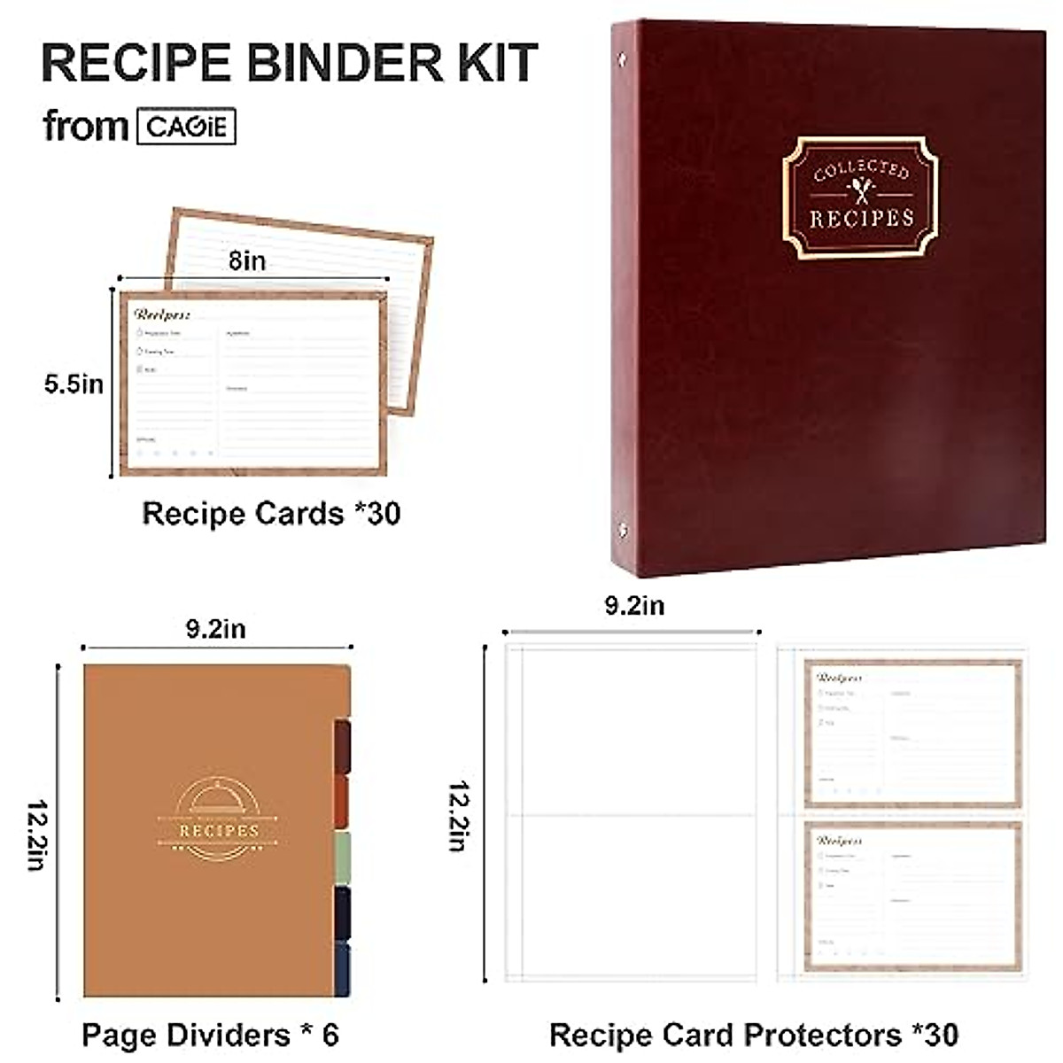 CAGIE Leather Recipe Binder with Plastic Sleeves Recipe Notebook with 5.7"x8" Recipe Cards & Card Divider 3 Ring Binder Recipe Book to Write in Your Own Recipes, 10.5"x12.5", Red Brown