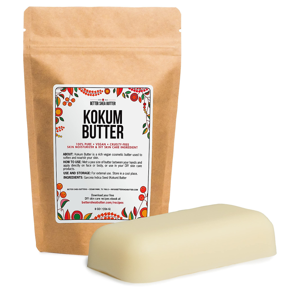 Better Shea Butter Raw Kokum Butter Unrefined - Body Butter Bar for Soap Making and DIY Butter, Skin and Hair Products - Pure, Unscented Skin Butter for Lotion Base - Kokum Butter 8 oz Block
