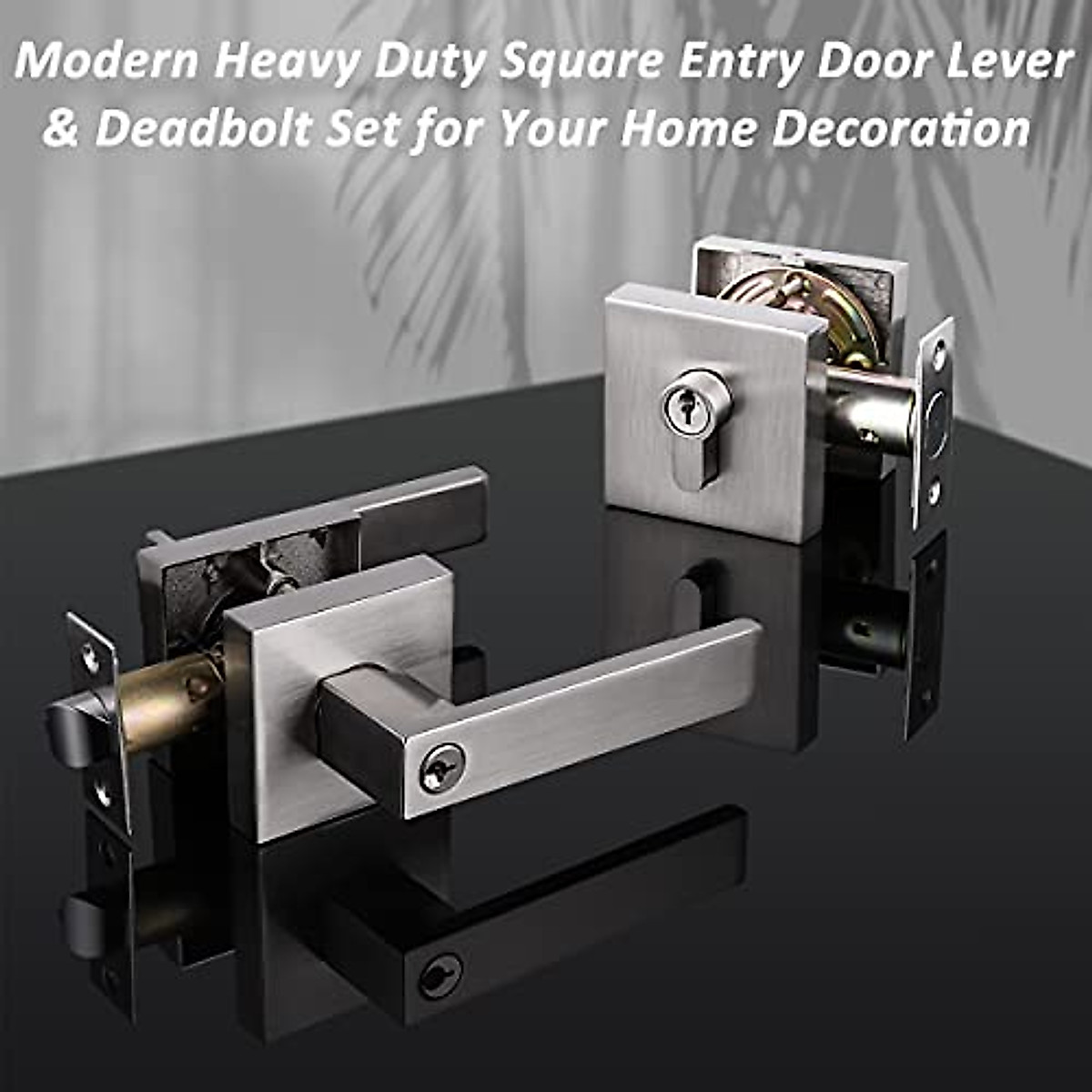 Keyed Entry Door Lever and Double Cylinder Deadbolt Set, Keyed Alike Reversible Lockset, Satin Nickel Square Interior/Exterior Handleset for Bedroom, Front Door 3 Pack