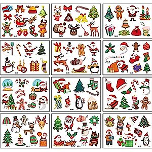 Qpout 12 Sheets Christmas Temporary Tattoos Christmas Tattoos Stickers Stocking Gift Stuffers for Kids Girls Boys Xmas Eve Christmas Party Favors Supplies Decorations