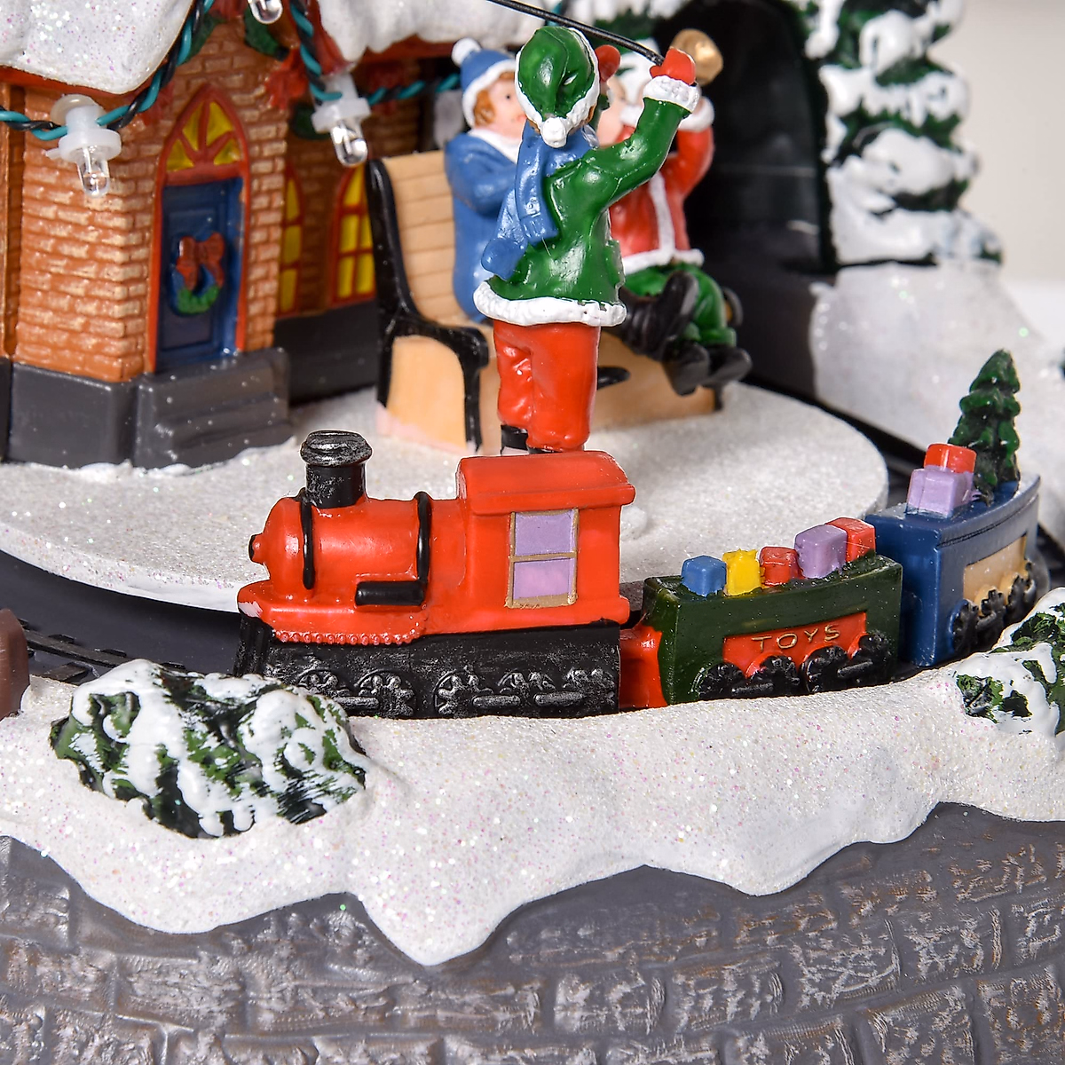 HOMCOM Animated Christmas Village, Pre-lit Musical Collectable Decor with Moving Train for Indoor Holiday Displays, Built-in LED Lights for Tabletop