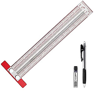 XUNTOP 12'' T-Ruler Ultra Precision Marking Ruler Stainless Steel T-Type Square Woodworking Scriber Measuring Tool Carpenter Mark T-Ruler with Mechanical Pencil for Woodworking Carpentery
