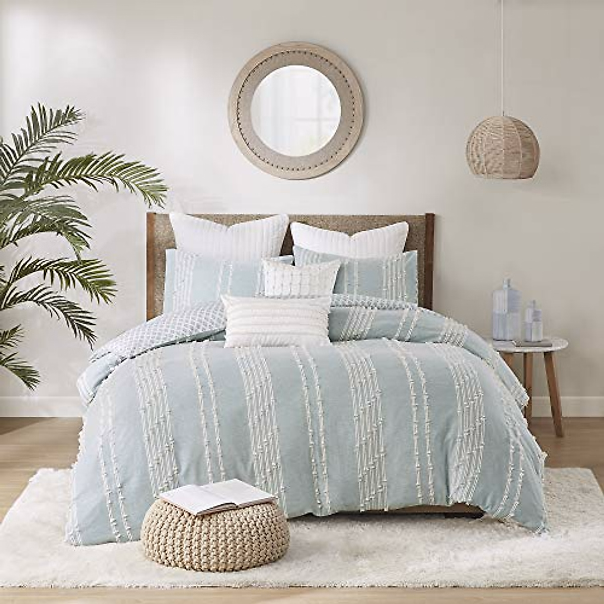 INK+IVY Kara 100% Cotton Duvet Mid Century Modern Design, All Season Comforter Cover Bedding Set, Matching Shams, King/Cal King, Jacquard Stripes Aqua 3 Piece