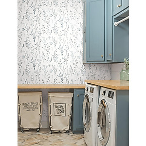 York Wallcoverings PSW1523RL Blue and Green Wildflower Sprigs Premium Peel and Stick Wallpaper