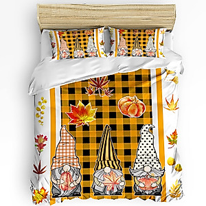 3 Pieces Bedding Set Queen Size, Fall Gnomes Soft Duvet Cover Set Comforter Cover Set with Zipper Closure All-Season Breathable Bedding Set Thanksgiving Orange Black Plaid Autumn Maple Leaf Pumpkin