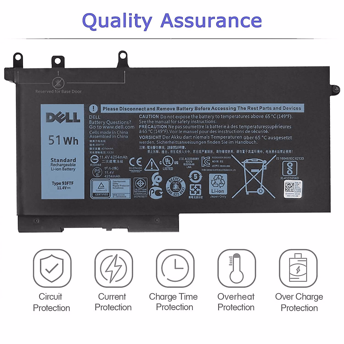 DELL 93FTF Laptop Battery for Dell Latitude 5280 5480 5580 5590 5490 5288 5290 5290 5488 5495 E5480 E5580 E5590 Dell Precision 15 3520 3530 93FTF D4CMT DJWGP DV9NT FPT1C GD1JP 0DJWGP 4YFVG 11.4V 51Wh