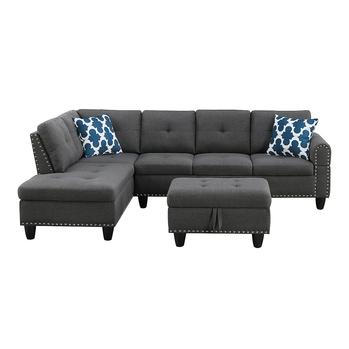FANYE L-Shaped Sectional Sofa with Right Chaise & Nailhead Decor,Modern Faux Leather Tufted Upholstered Corner Sofa&Couch W/Cup Holders and Storage Ottoman for Home Apartment Office Living Room