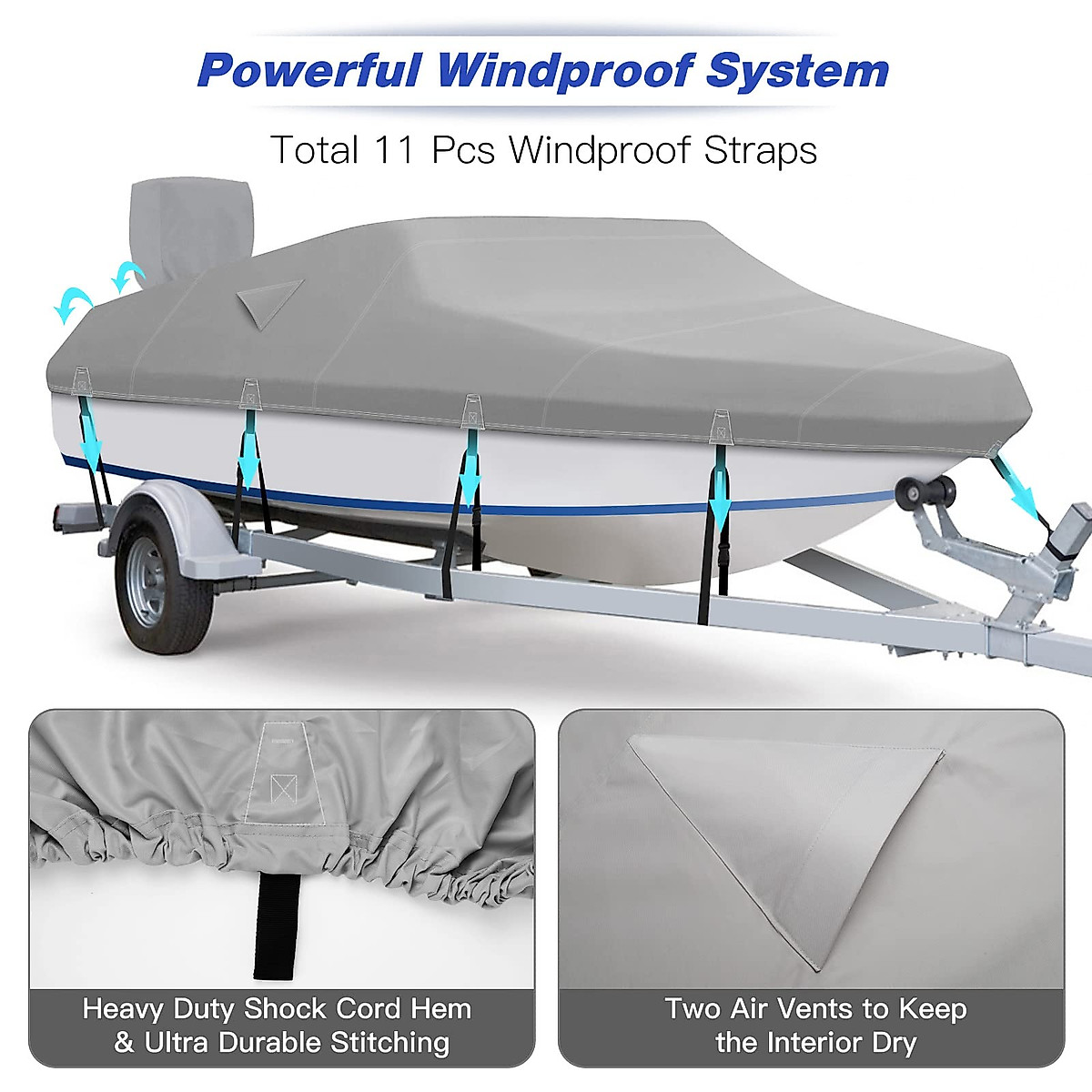 Fuprosico Boat Cover, 900D Waterproof Boat Cover Fits 16-18.5 ft V-Hull Boat,Bass Boat,Fishing Runabout Bowrider Boat,Fish and Ski Boat 16'-18.5',Heavy Duty Marine Grade Canvas Gray