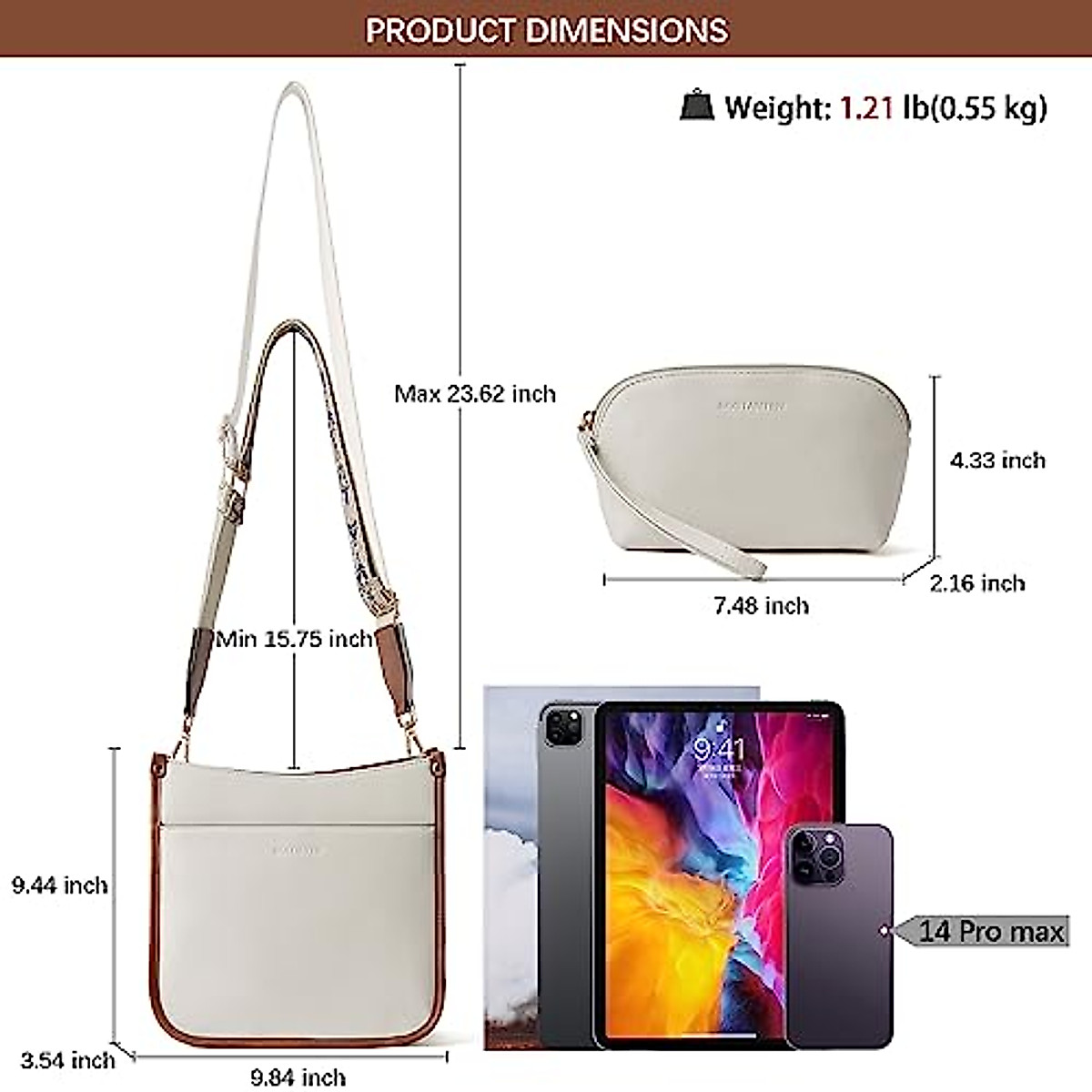 BOSTANTEN Crossbody Bags for Women 2PCS Vegan Leather Hobo Handbags Shoulder Purse with Adjustable Strap Beige Brown