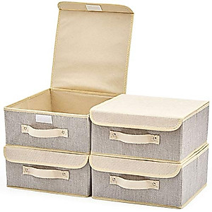 EZOWare 4-Pack Small Fabric Storage Basket Bin with Lid, Collapsible Storage Box Cube Organizer Container for Nursery, Closet, Bedroom - 10.5 x 10.5 x 5 inches, (Gray & Beige)