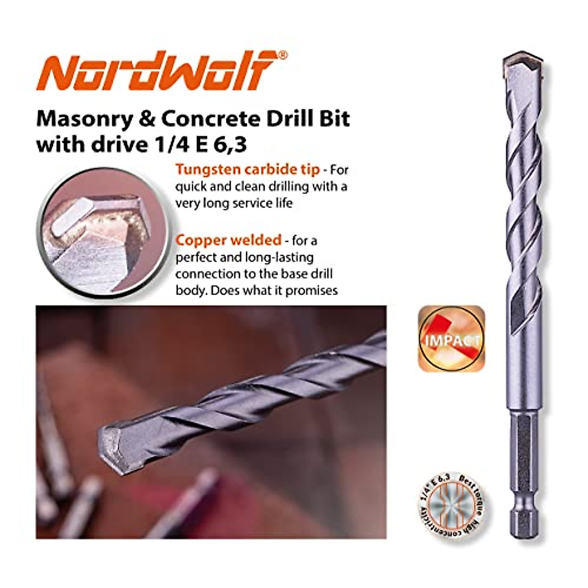 NordWolf 9-Piece Metric Carbide Tipped Masonry Drill Bit Set with 1/4" Hex Shank for Concrete, Brick, Block & Stone, Sizes 5.5(x3)-6.5(x3)-7-8-10mm