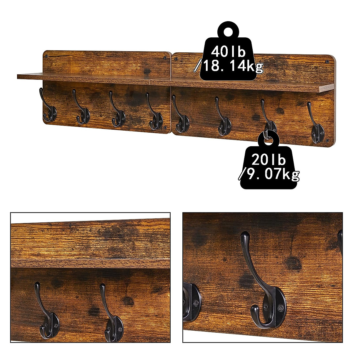 YMYNY Coat Rack Shelf Wall Mounted, Wooden Coat Hooks Set of 2, Entryway Coat Hanger with 8 Hooks,31.5''L Floating Shelves, Key Holder, for Kitchen, Bathroom, Living Room, Rustic Brown, UHWS006H-2