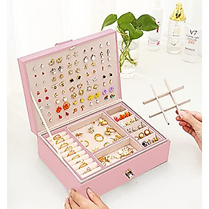 QBestry Stud Earring Organizer for Girls Stud Box for Earrings Necklace Jewelry Organizer Studs,Girls Earring Box for Womens, Holder Rings Organizer Jewelry Earring Storage Box,Pink