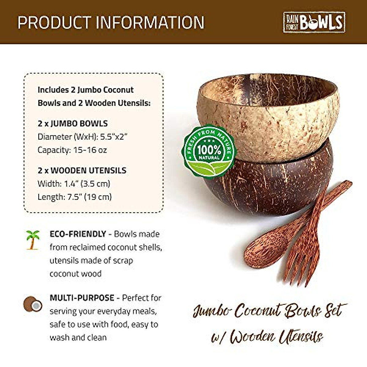 Rainforest Bowls 2 Eco-Friendly Jumbo Coconut Bowls (Raw & Original) w/Coconut Wood Spoon & Fork - 100% Natural, Organic Kitchen Set - Handcrafted from Reclaimed Coconut Shells + Offcuts