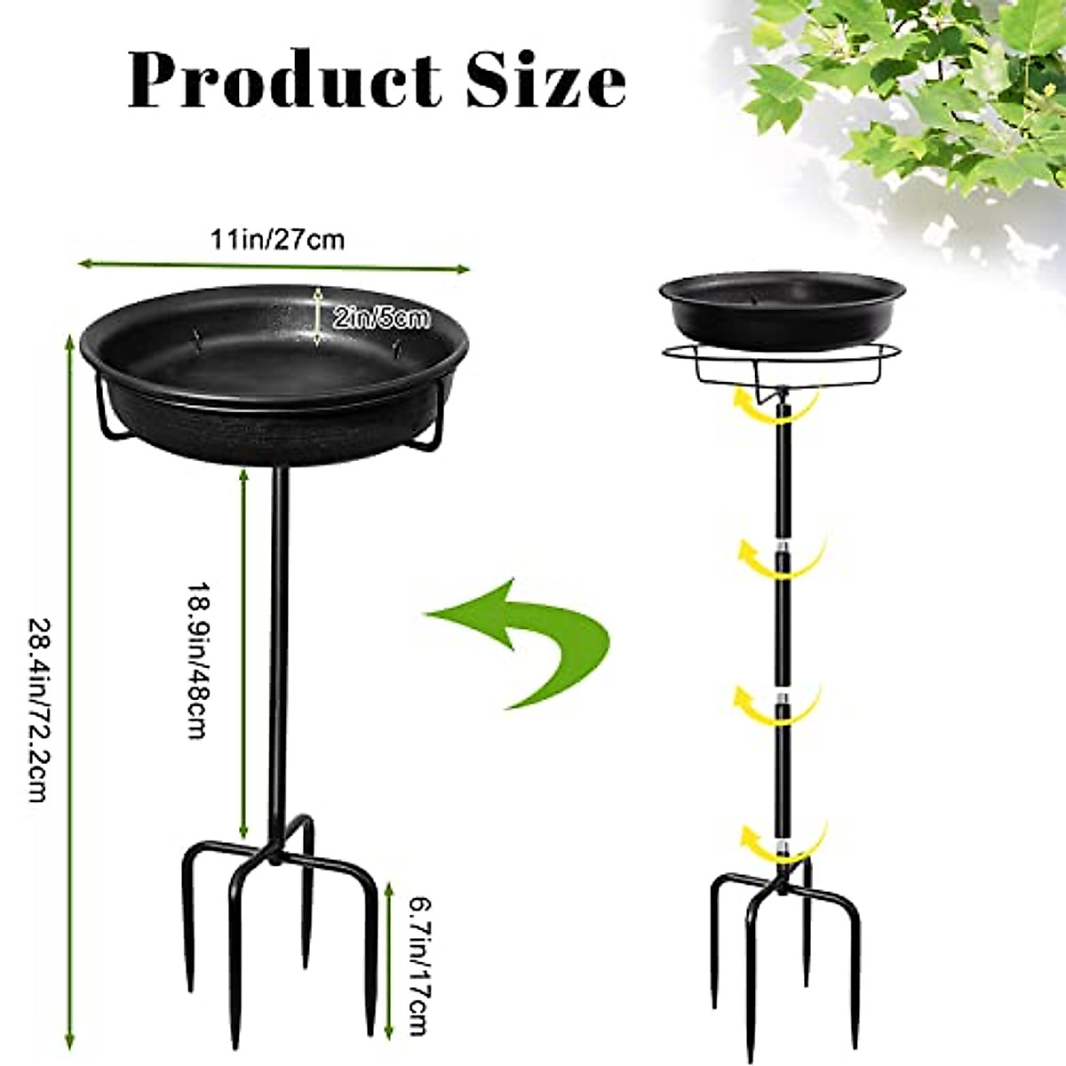 28In Freestanding Birdbaths Bowl Outdoor, Free Standing Garden Bird Bath Bird Feeder Bowl with Metal Stake, Detachable Decoration Spa Birdfeeder for Garden Patio Yard Lawn, 4 Spiky Feet (Free)
