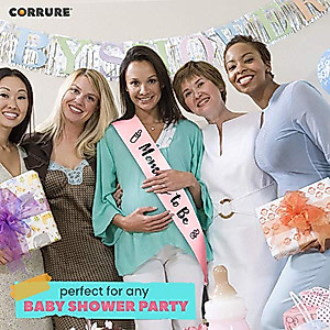CORRURE Baby Shower Sash for Girl - 'Mommy to Be' Sash With Beautiful Pink Ribbon and Black Foil Text - Ideal Gender Reveal, Baby Shower, Welcome Baby, Mom to Be or Baby Sprinkle Gift