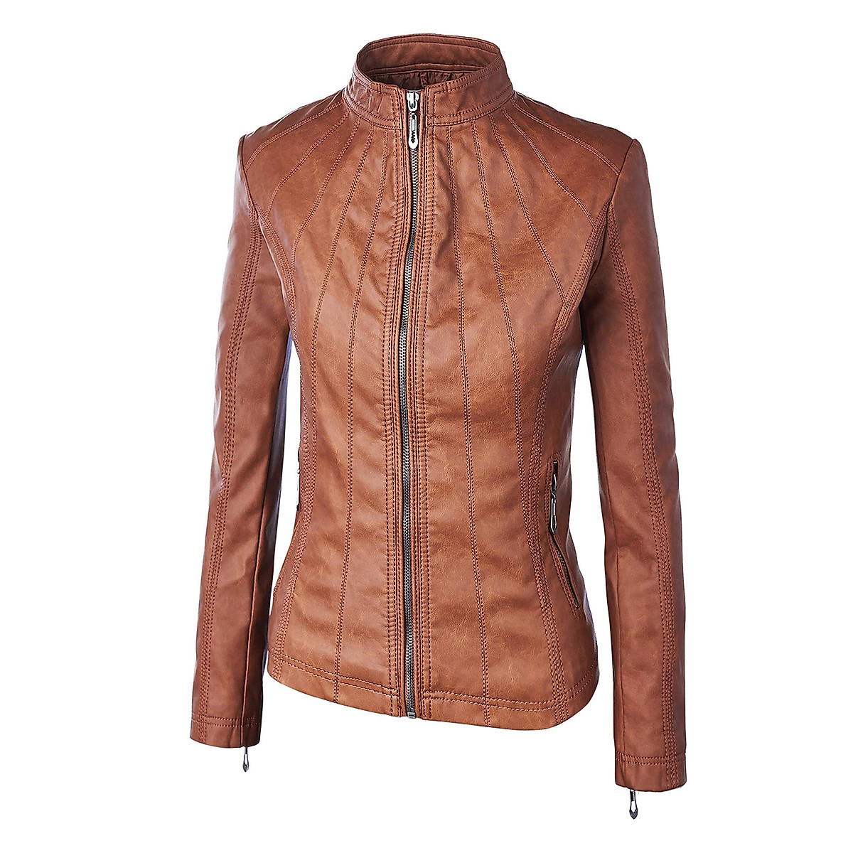 Made By Johnny MBJ WJC877 Womens Panelled Faux Leather Moto Jacket XL Camel