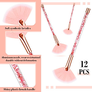 12 Pcs Fan Brushes for Facial Mask Brushes with Glitter Quicksand Handle Cosmetic Facial Fan Brushes Soft Facial Mask Brush Applicator Facial Peel Applicator Face Mask Tools with Pouch (Pink)