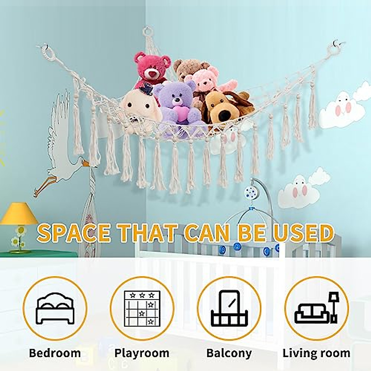 Stuffed Animal Net or Hammock 55inch Toys Net for Stuffed Animals Corner, Boho Decor Toy Hammock Macrame Stuffed Toys Corner Mesh Hammock Hanging Net for Bedroom Nursery Kids Room