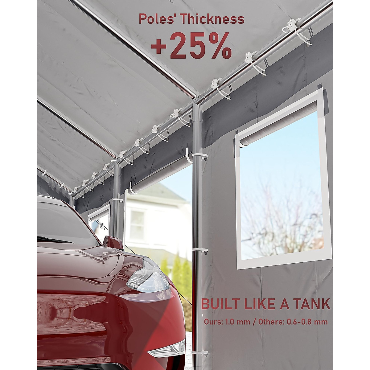 DEXSO Carport 10'x20' Portable Garage Heavy Duty, 1.0 mm Steel Poles & 14 mil PE Tarp, with Front & Rear Doors, 2 Side Doors, and 4 Windows Screen, for Pickup Truck, and Boat, Silver Gray