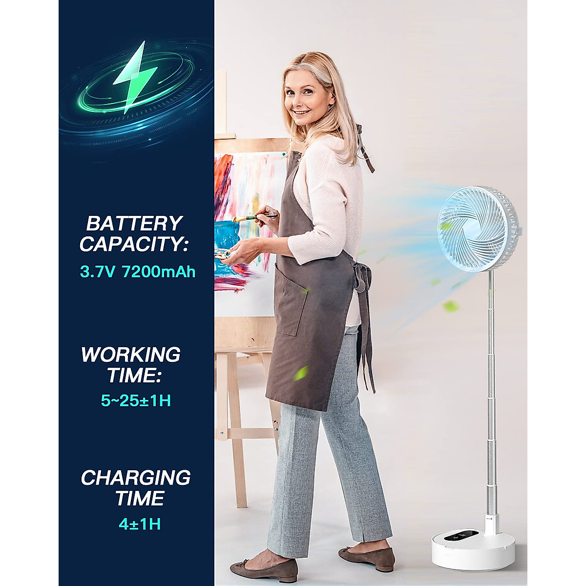 AICase Stand Fan, 9.5 inch Folding Portable Telescopic Floor/USB Desk Fan with 10000mAh Rechargeable Battery,4 Speeds Super Quiet Adjustable Height and Head Great for Office Home Outdoor Camping