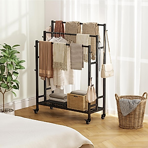 SORCEDAS Towel Rack 3 Tier Free Standing Metal Towel Stand with Storage Shelf and Wheel for Extra Large Towel Blanket Drying (Black)