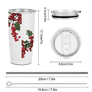 20 Oz Tumbler With Straw Leak Proof Thermos Cup, Holly Berry Branches Stainless Steel Insulated Travel Coffee Mug Fit for Car Cup Holder