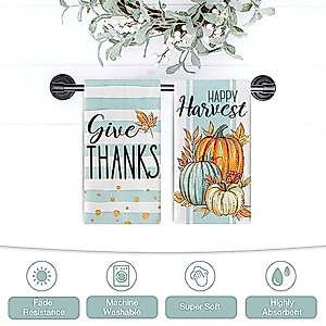 Seliem Thanksgiving Give Thanks Fall Kitchen Dish Towels Set of 2, Happy Harvest Autumn Pumpkin Hand Towels Drying Baking Cooking Cloth, Maple Leaves Stripes Farmhouse Home Kitchen Decor 18x26 Inch