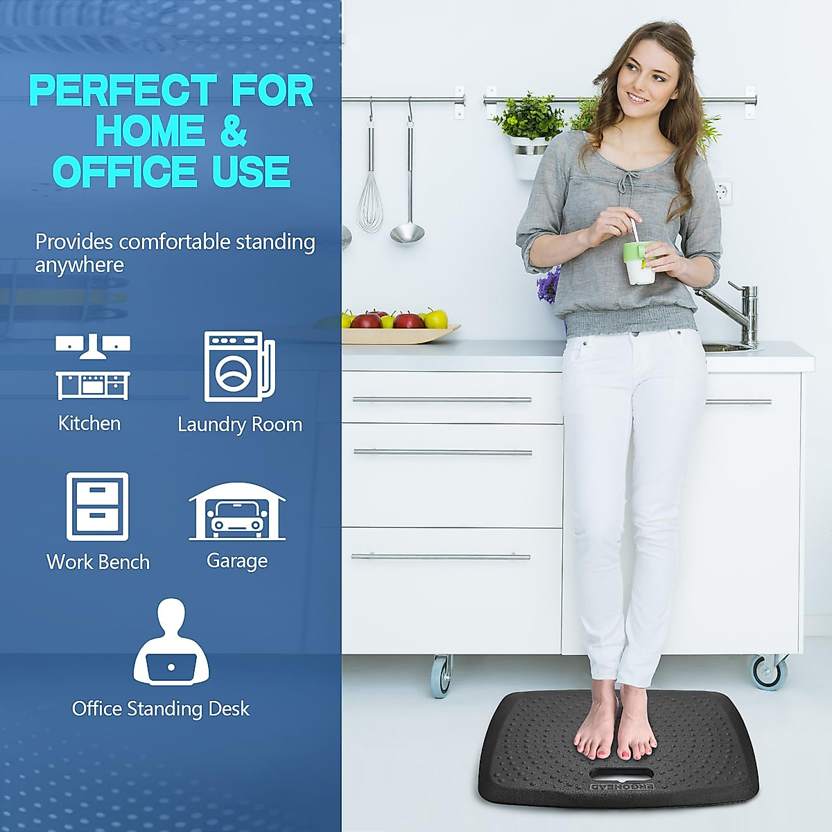 Ergohead Anti Fatigue Kitchen Floor Mat Comfort Standing Mat, Portable Office Standing Desk Mat, Multi-Purpose Kitchen Rug, Built-in Handle with Massage Points Comfort Floor Mat (Black, 17" x 22")
