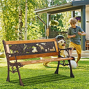 YRLLENSDAN Metal Patio Bench for Kid, 32in Wood Small Outdoor Bench Clearance Cute Children Bench Outside Bench Animals Back Garden Bench for Porch Lawn- Bronze