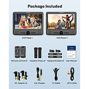 WONNIE 10" Car DVD Players, Portable DVD Player Dual Screen Play Two Different or The Same Movie with 2 Headrest Mount, 5 Hours Rechargeable Battery, Last Memory, AV Out&in, Support USB/SD/Sync TV