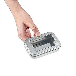 Restaurantware RW Base 4.5 Ounce Rectangular Tin Containers 10 Durable Tin Boxes With Lids - Clear Window Lids Rounded Edges Silver Tin Storage Containers Customizable Fits Mints Or Pills
