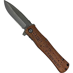 Grampy - I Love You to The Moon and Back Stainless Steel Folding Pocket Knife with Clip, Wood