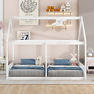 Twin House Bed for 2 Kids Wood Double Floor Beds Frame with Fence Railings Two Shared Beds for Boys Girls Teens, Twin Size, White