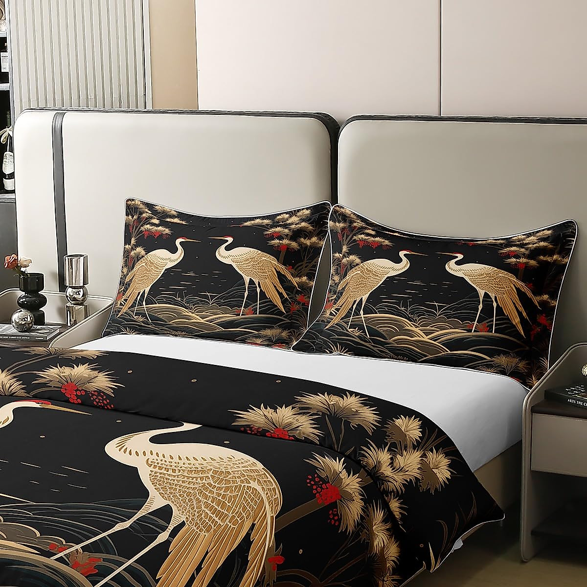 jejeloiu Japanese Crane Duvet Cover 100% Cotton Set Full Size, Red Crowned Crane with 2 Pillow Case, Wild Animal Bedding Set 3Pcs Teens Room Decor, Lucky Clouds Duvet Cover (No Comforter)