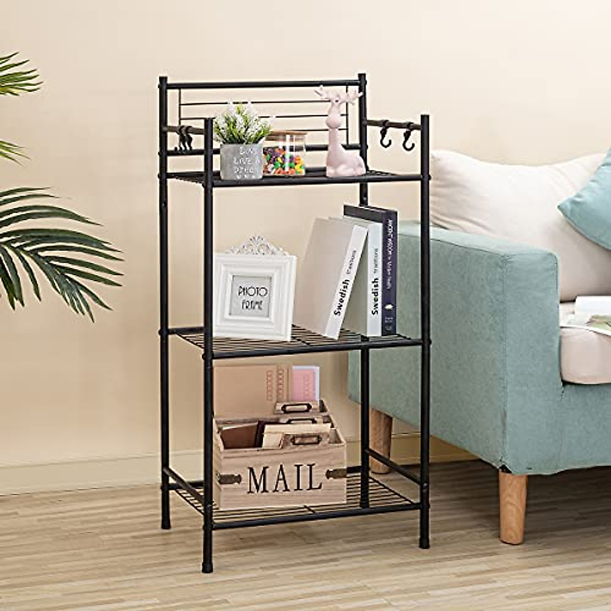 L&H UNICO 3-Shelf Tier Standing Unit Storage Wire Shelving Multipurpose Rack Organizer with 4-Hooks for Bathroom Laundry Kitchen Office, Black