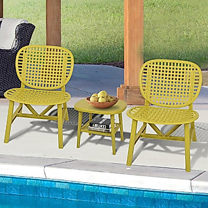 3 Pieces Hollow Design Patio Table Chair Set All Weather Conversation Bistro Set Outdoor Coffee Table with Open Shelf and Lounge Chairs with Widened Seat for Balcony Garden Yard Yellow
