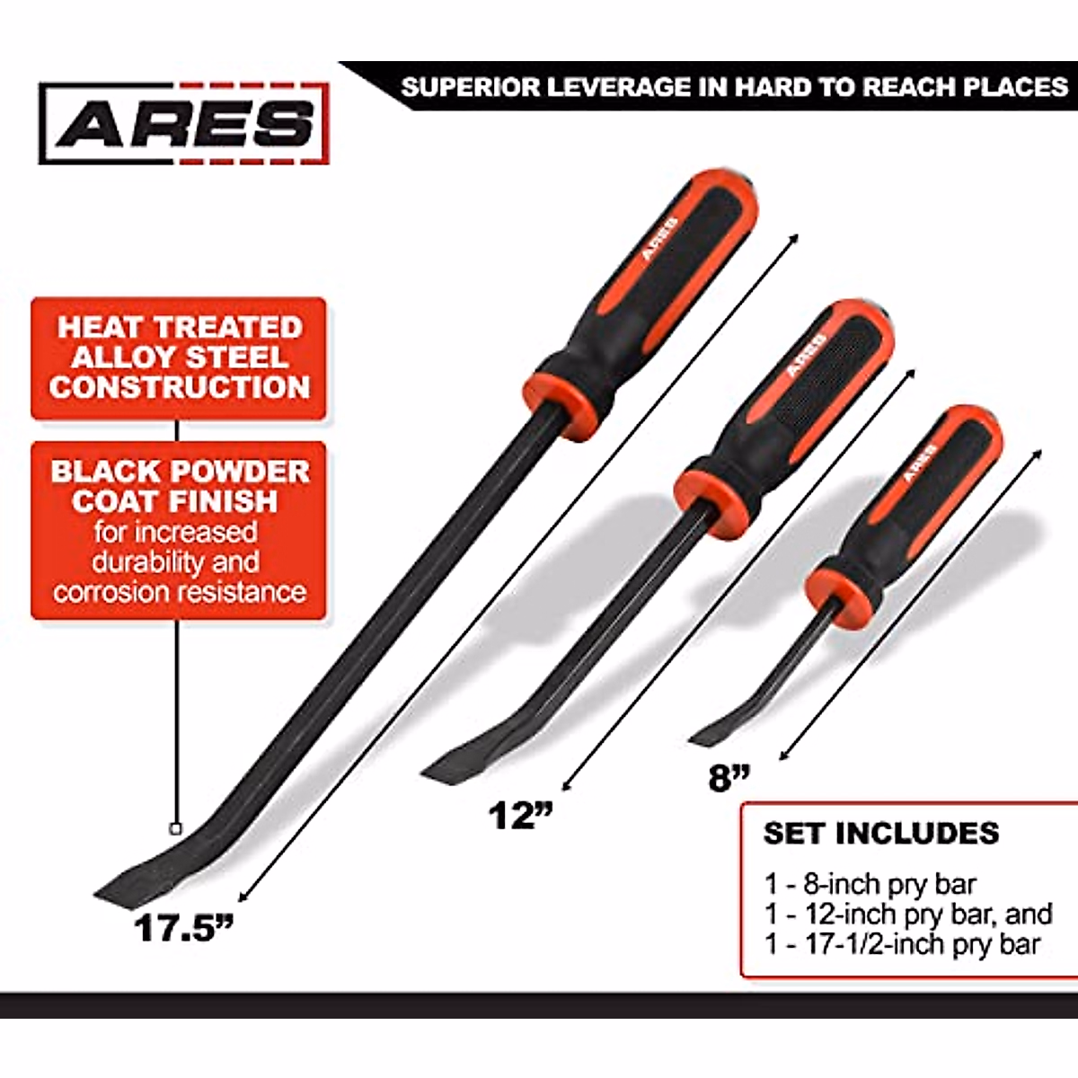 ARES 46008-3-Piece Pry Bar Set - 8-Inch, 12-Inch, and 17.5-Inch Pry Bars - Angled Tip for Lifting and Prying - Comfortable Non-Slip Double Injection Handle - Heavy Duty Striking End Cap
