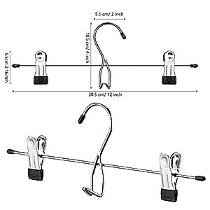 12 Pieces Pant Hangers with Clips Heavy Duty Clip Skirts Hangers Stackable Add on Metal Clothes Hangers with Adjustable Clips Black Rubber Grip Saving Space for Slack Trouser Jeans Towels