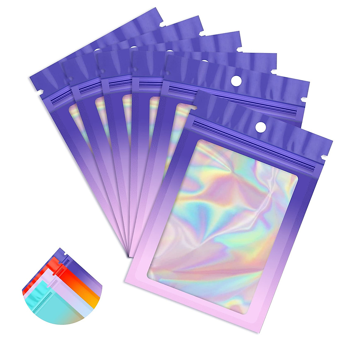 Funfery 100 Pack Gradient Holographic Bags,Mylar Resealable Bags with Zipper,Clear Window Packaging Pouch,Smell Proof Plastic Bags for Food Storage,Sample Jewelry Baggies(2.7×3.9in,Purple Pink)