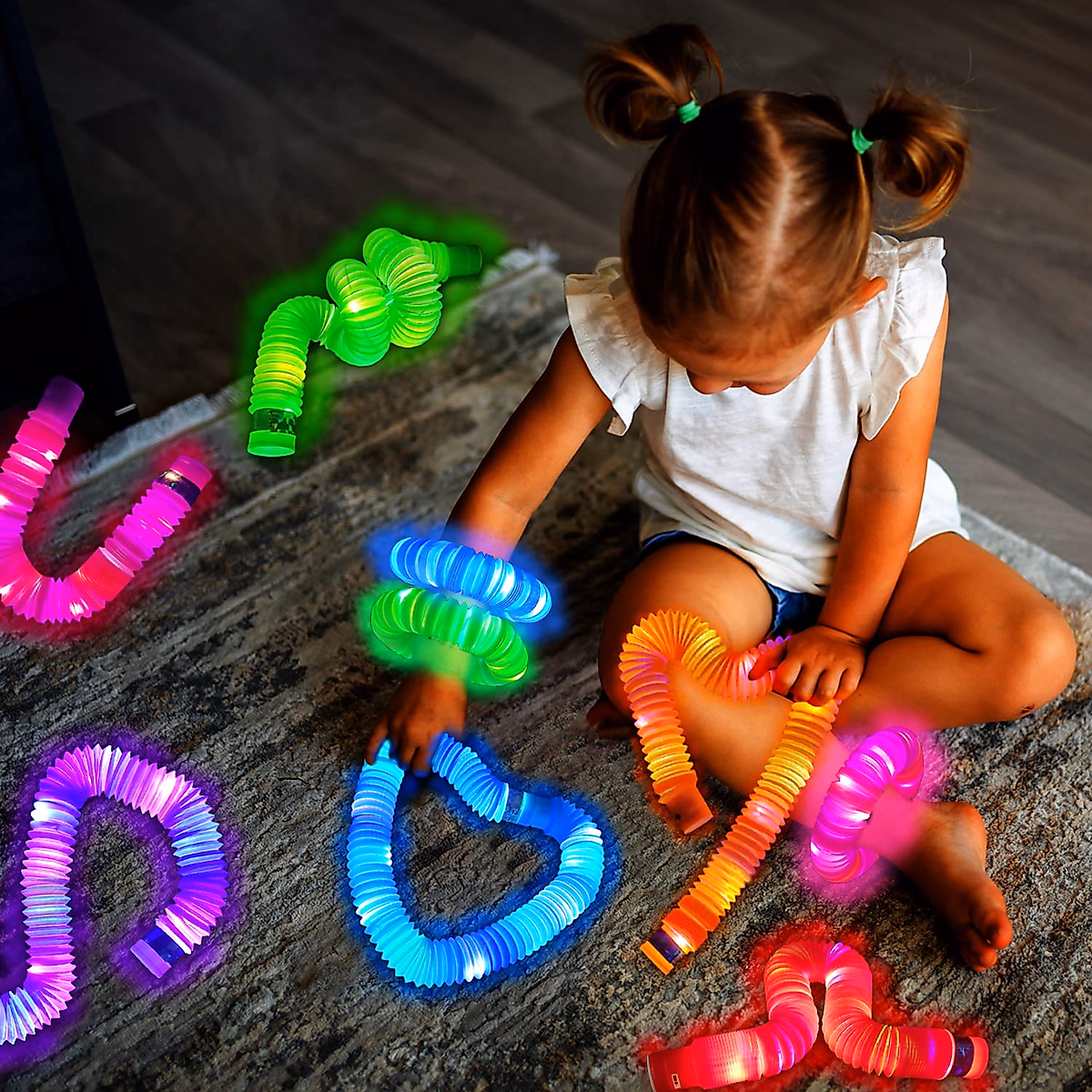Easter Basket Stuffers for Toddlers -6 PCS,Light Up Pop Tubes Toys Gifts for Kids,Glow Sticks Party Favors,LED Bracelets Necklaces Accessories for Children,Camping Essentials Camp Fun for Boys Girls