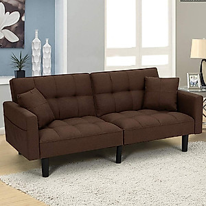HOMHUM Convertible Sleeper Sofa Bed Modern Linen Fabric Couch Bed Futon Sofa Bed with 2 Pillows for Living Room, Apartment, Guest Room, Elegant Brown