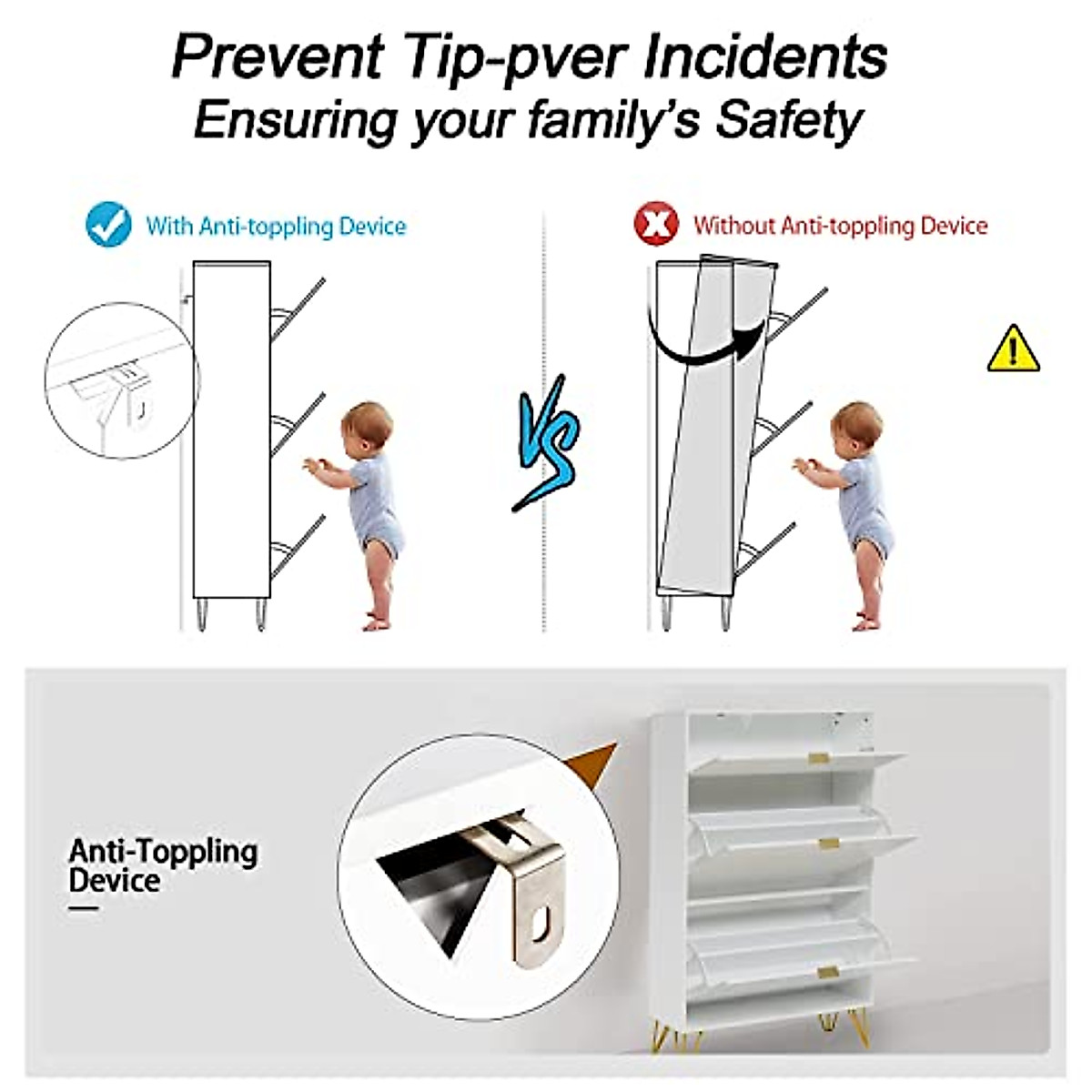 Anbuy Shoe Cabinet, Free Standing Tipping Bucket Entryway Shoes Cabinets, Shoes Storage Cabinet with 3 Flip Drawers, Narrow Shoe Rack Cabinet for Entryway, Modern Shoes Organizer (White)