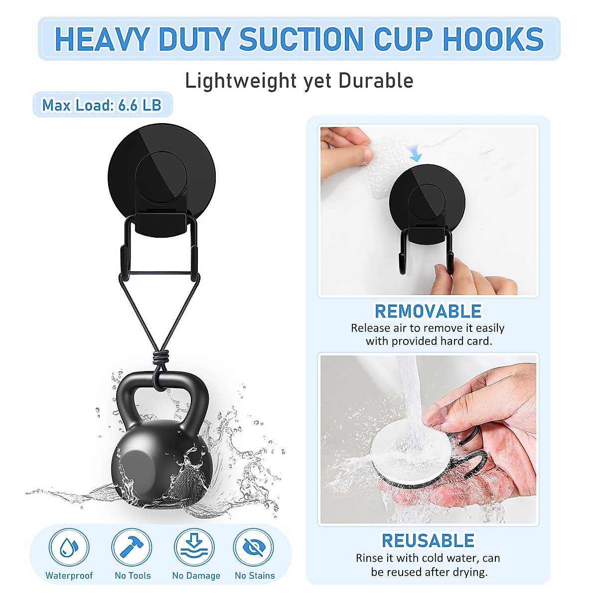 VIS'V Suction Cup Hooks, Black Shower Suction Hooks Heavy Duty Suction Cups with Double Hooks Removable Reusable Bathroom Suction Razor Holder for Tile Wall Glass Door Window - 2 Pcs