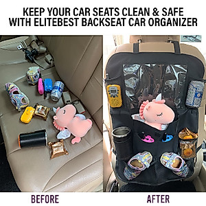 Backseat Car Organizer 1 Pack by Elitebest – 1Car Seat Organizer and Kick Mats for Road Trips – Car Backseat Organizer for Kids with USB Headphone Slits and Storage Pockets for Organization